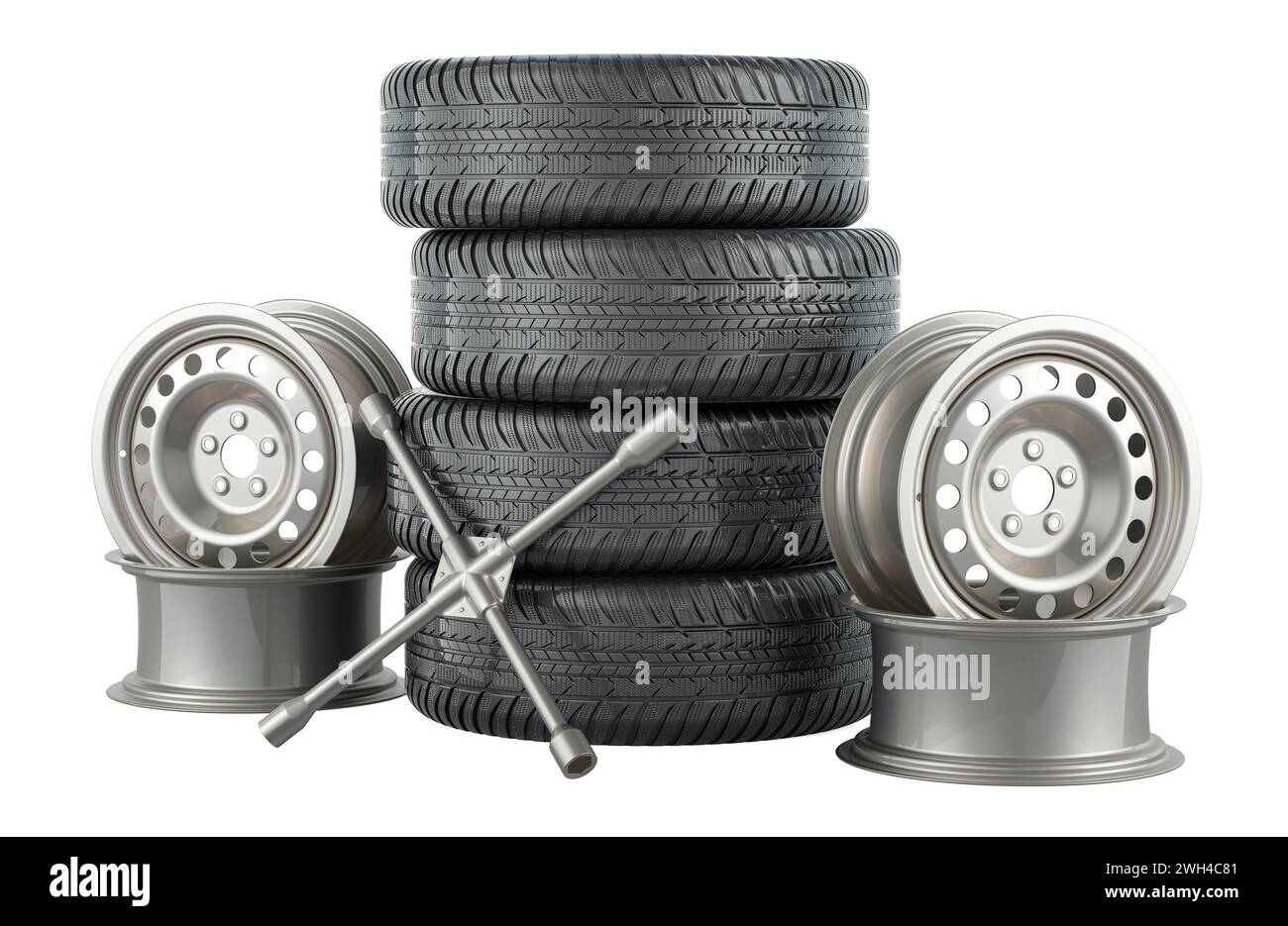 Auto service, concept. Car wheels and steel wheels with universal lug ...