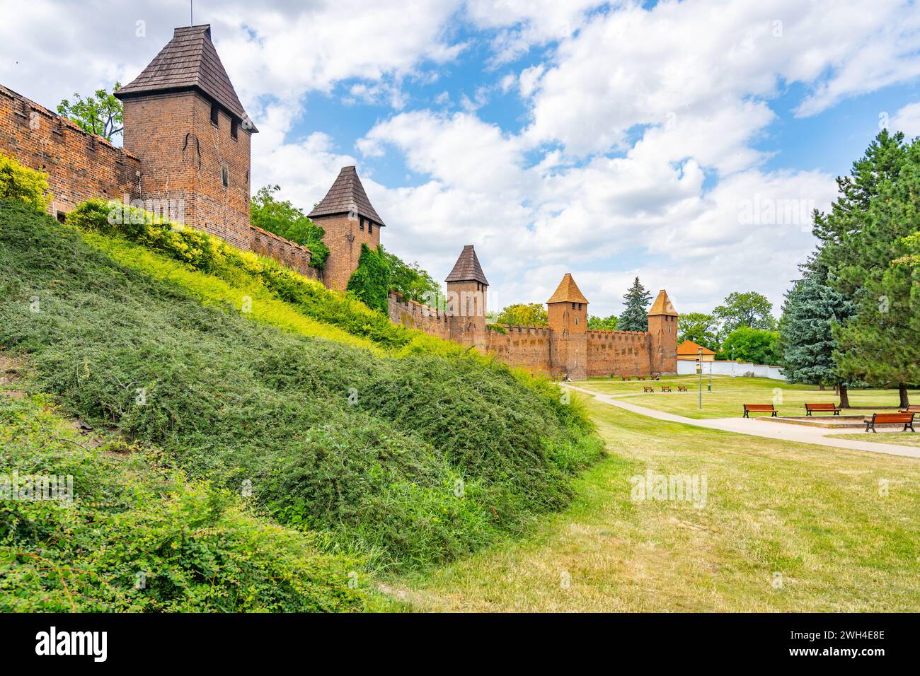 Gothic medieval fortification walls with towers in Nymburk, Czechia ...