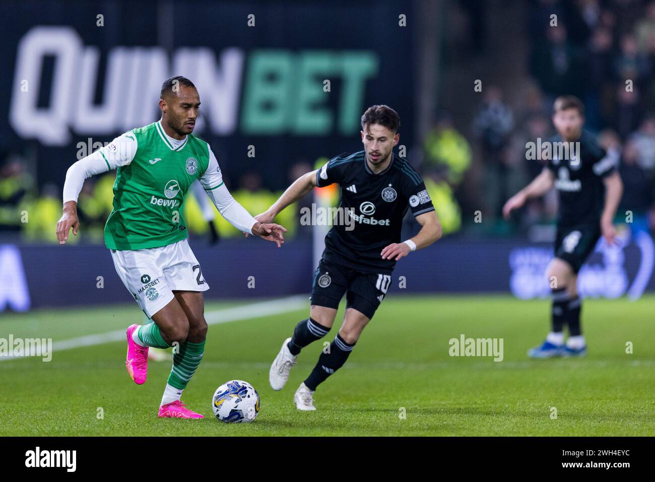 Edinburgh, Scotland. 07 February 2024. Jordan Obita (21 - Hibernian) is ...