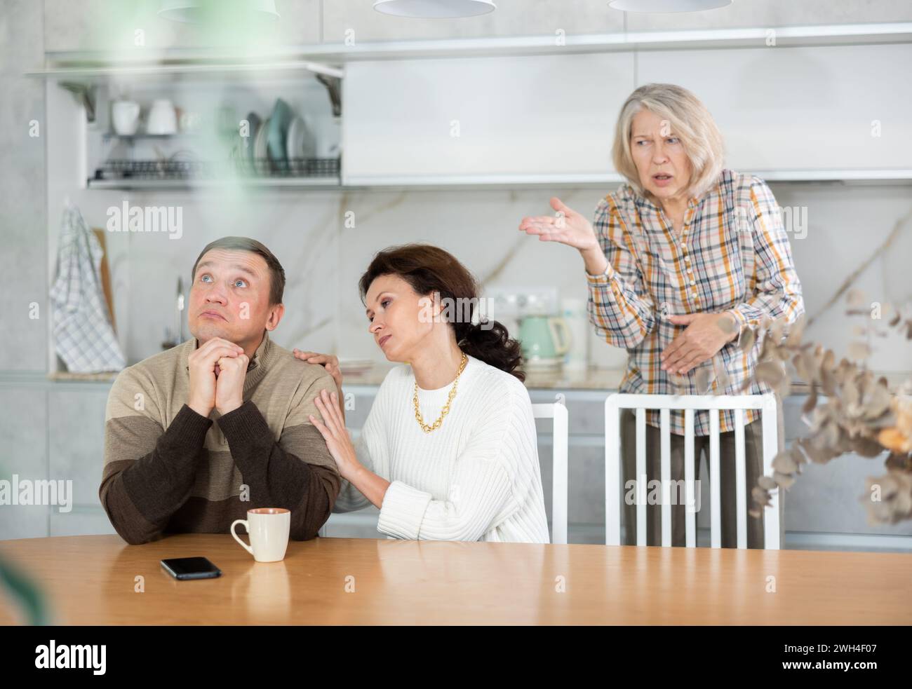 Family quarrel, adult woman calming man Stock Photo - Alamy
