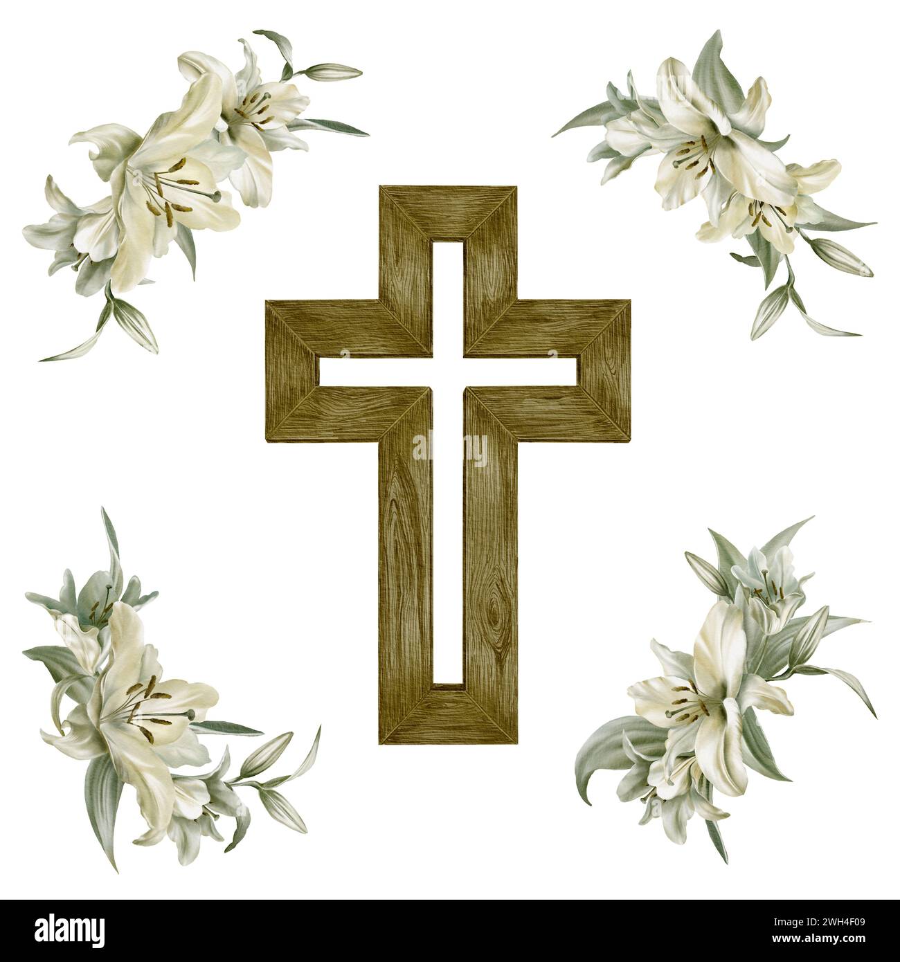 Wooden Christian cross with white lily flower compositions. The hand-painted catholic or ...