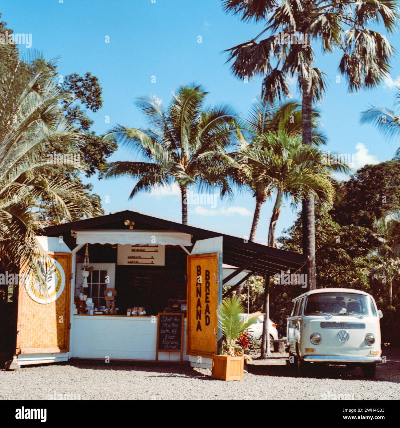 Food truck parked by palm trees and cafe Stock Photo - Alamy