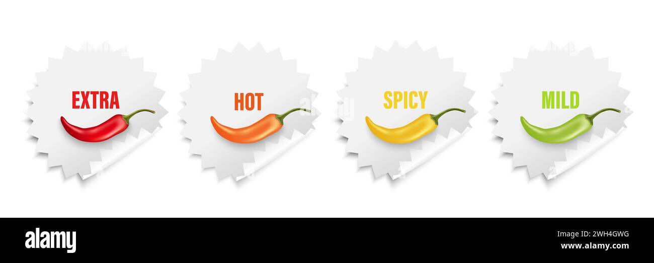 Realistic Vector Round Stickers with Spicy Chili Pepper Levels. Red ...