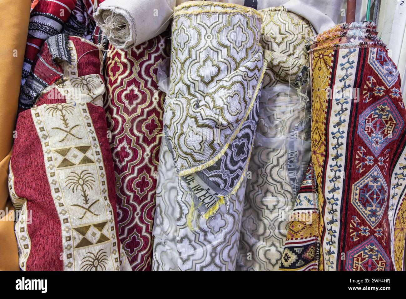 Middle East, Saudi Arabia, Tabuk. Carpets for sale at the market in ...