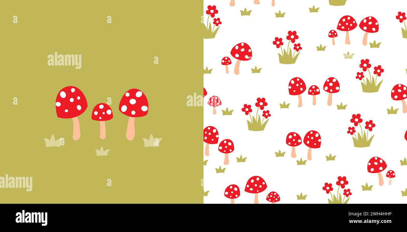 Cute mushroom card and seamless pattern. Spring background with ...