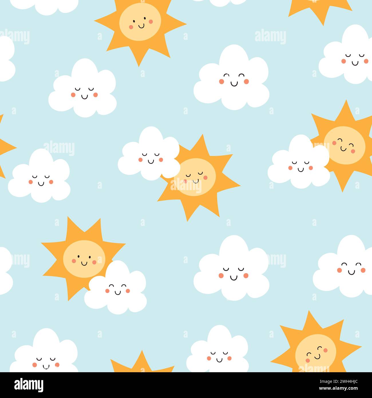 Seamless pattern with cute sun and clouds. Summer background. Vector ...