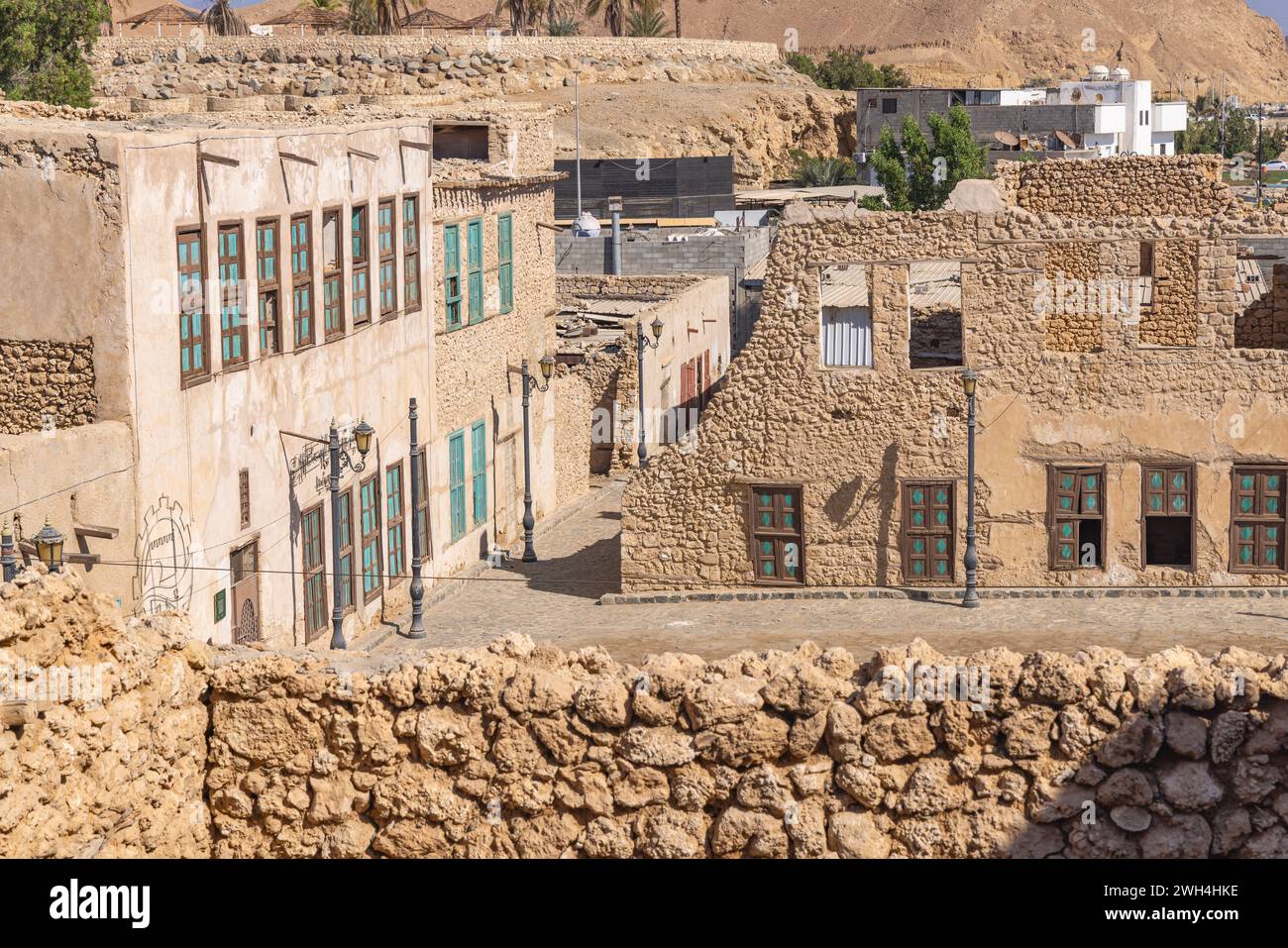 Middle East, Saudi Arabia, Tabuk, Duba. Old stone buildings in the port ...