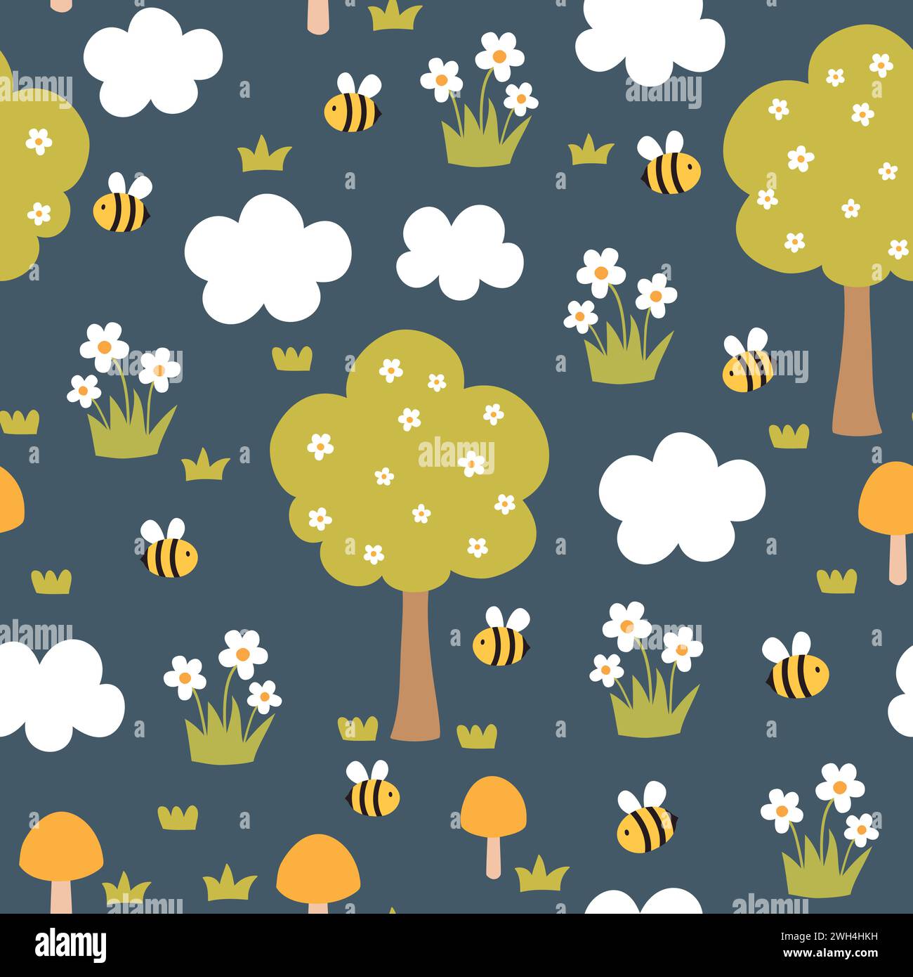 Cute spring seamless pattern. Childish background with trees, bees ...
