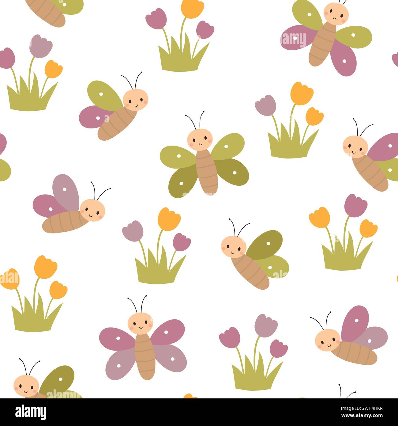 Spring seamless pattern with butterflies and tulips. Childish ...