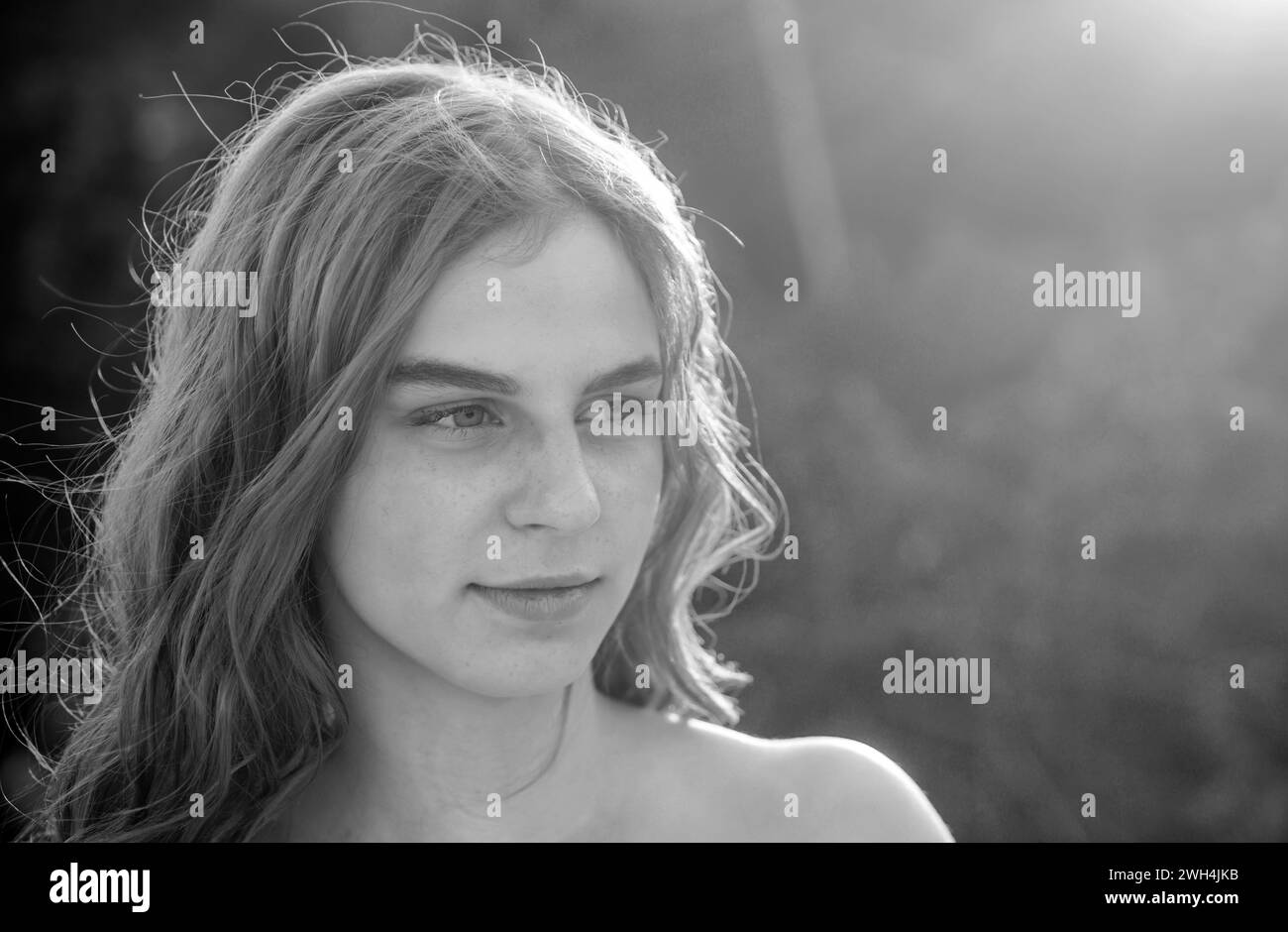 Portrait of a young woman, close up face of beautiful woman outdoor ...