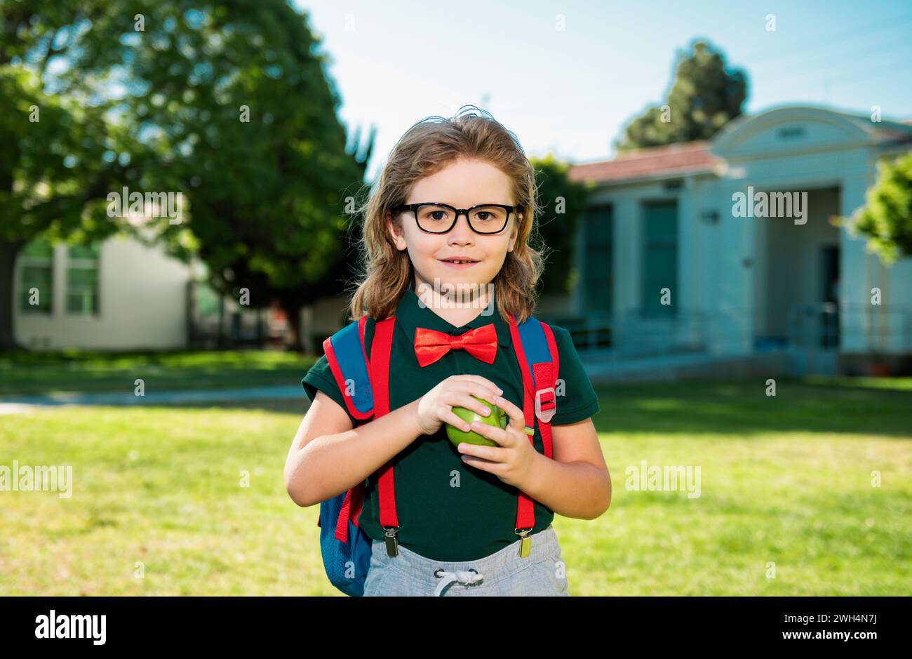 School child concept. Cute pupil, kid in school uniform with backpack ...