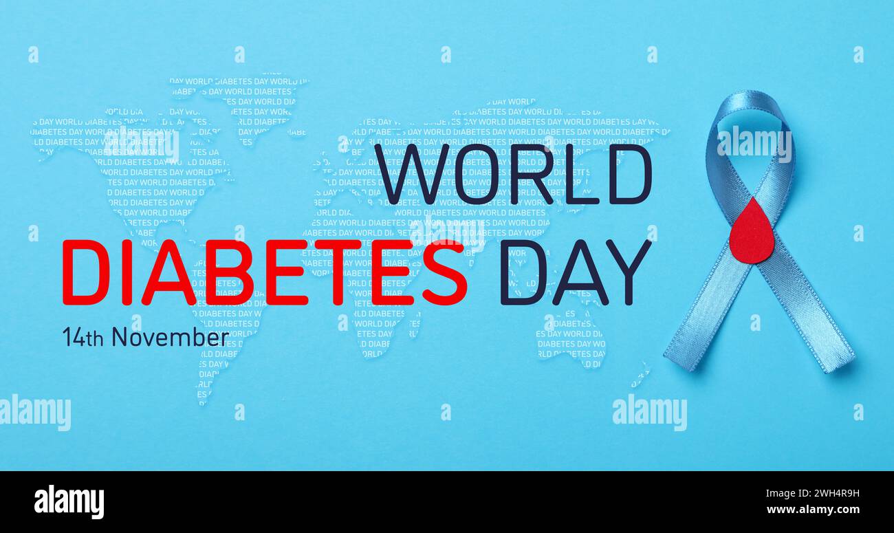 World Diabetes Day, banner design. Light blue ribbon with paper blood ...