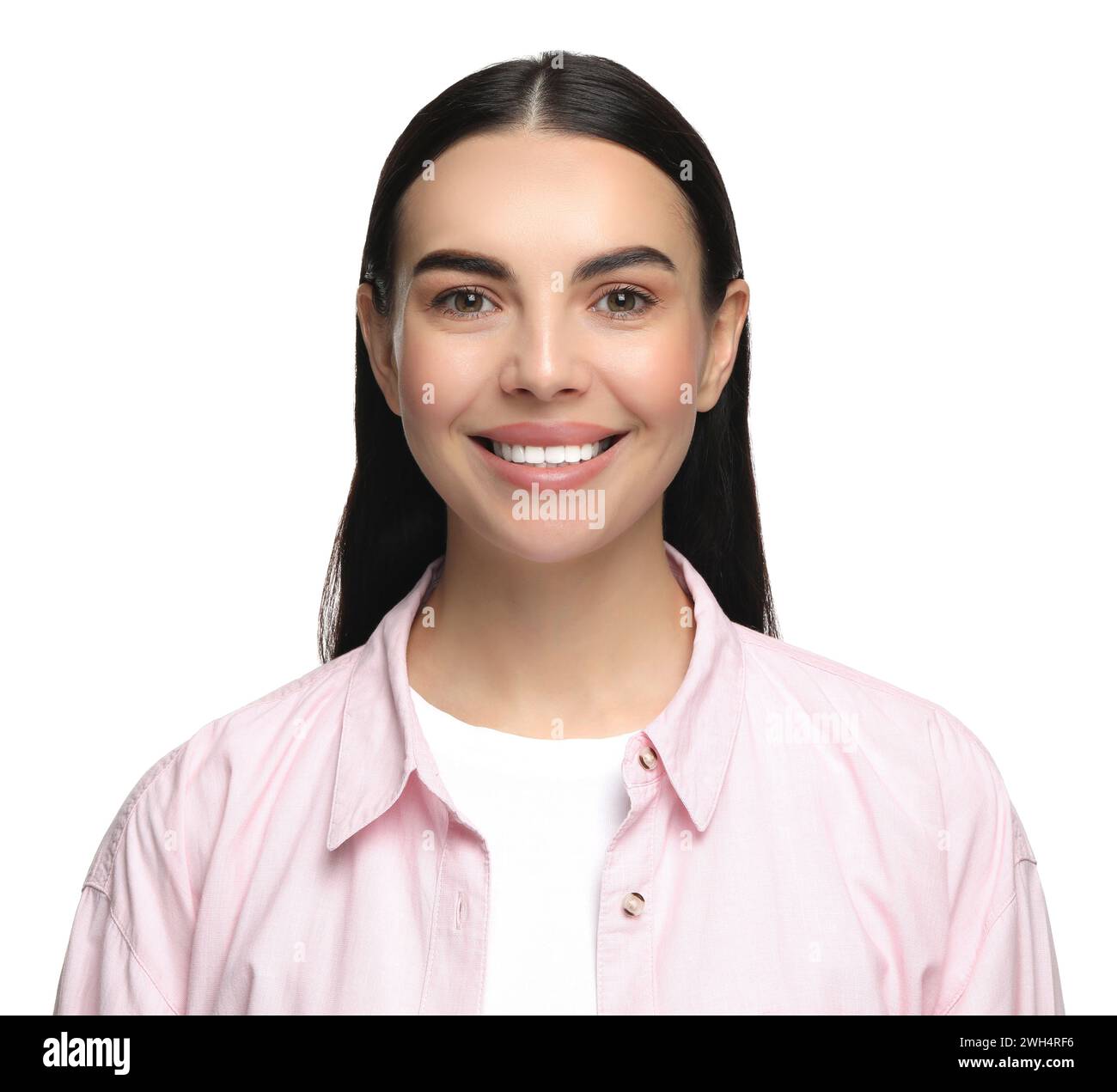 Beautiful woman with clean teeth smiling on white background Stock ...