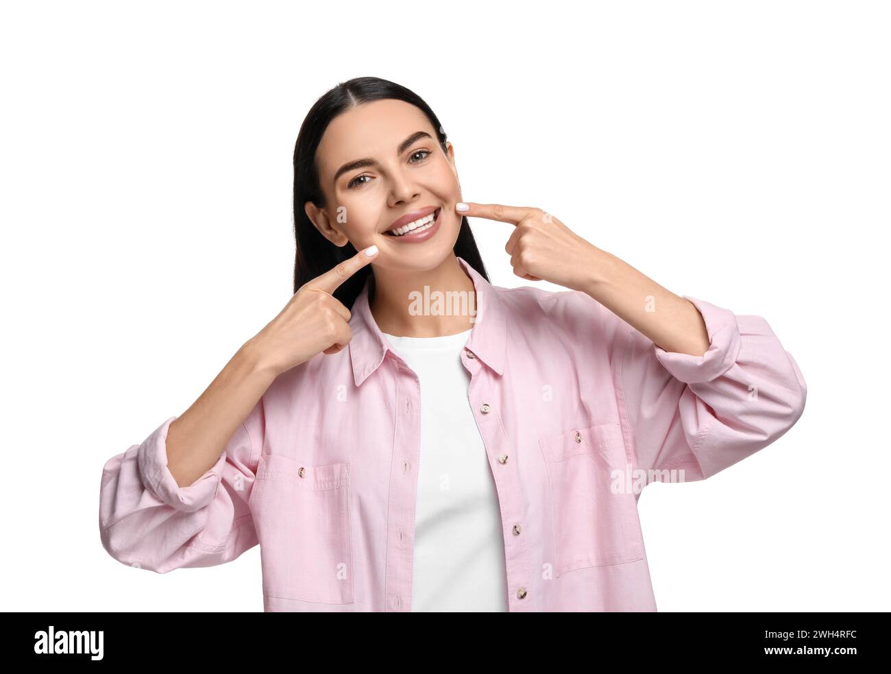 Beautiful woman with clean teeth smiling on white background Stock ...