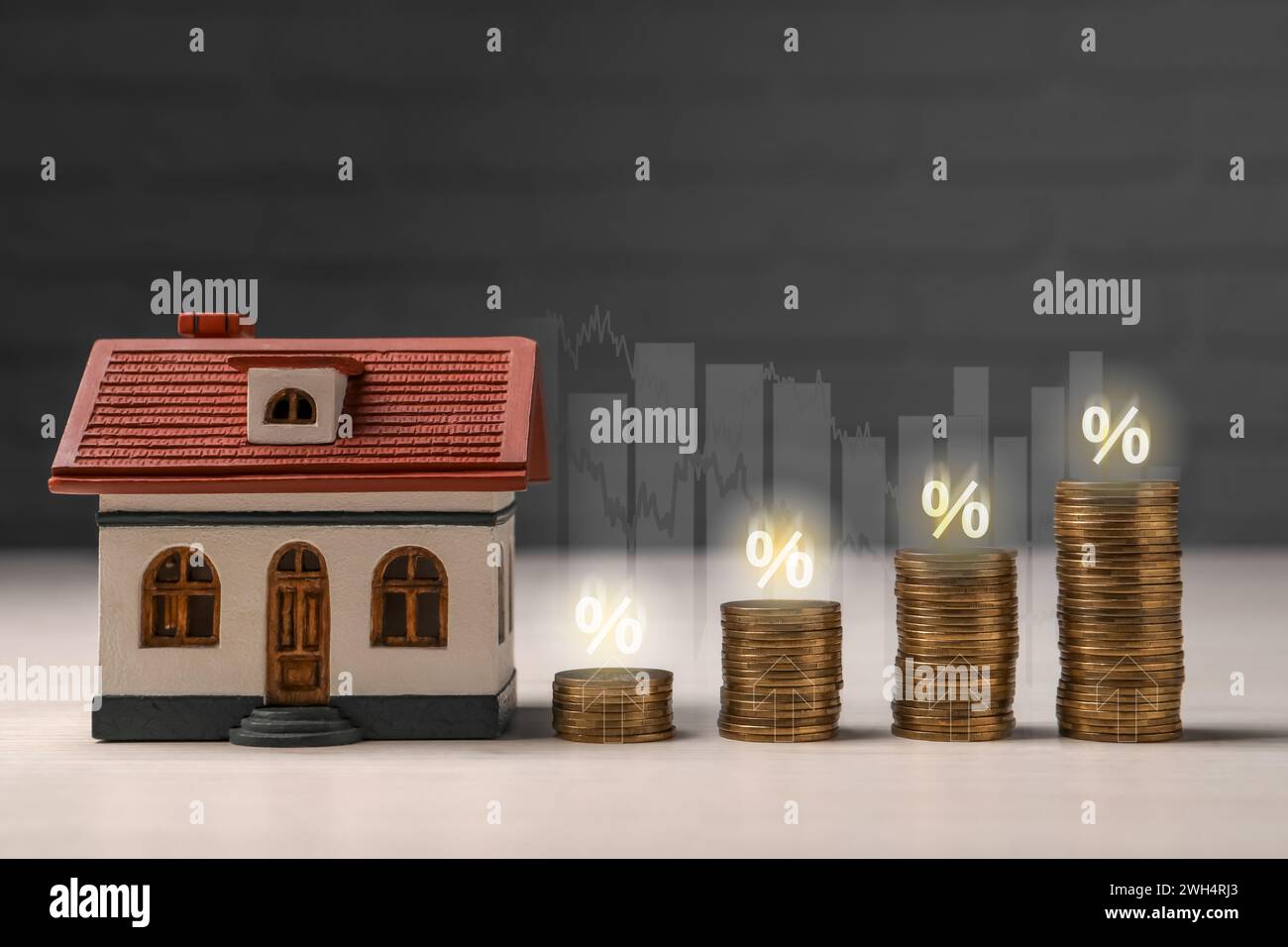 Mortgage rate. Model of house, stacked coins, graphs, percent signs and ...