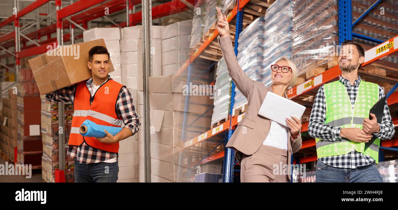 Distribution. Happy manager and workers in warehouse, double exposure ...