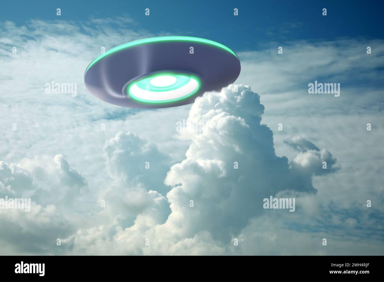 UFO. Alien spaceship among clouds in sky. Extraterrestrial visitors ...