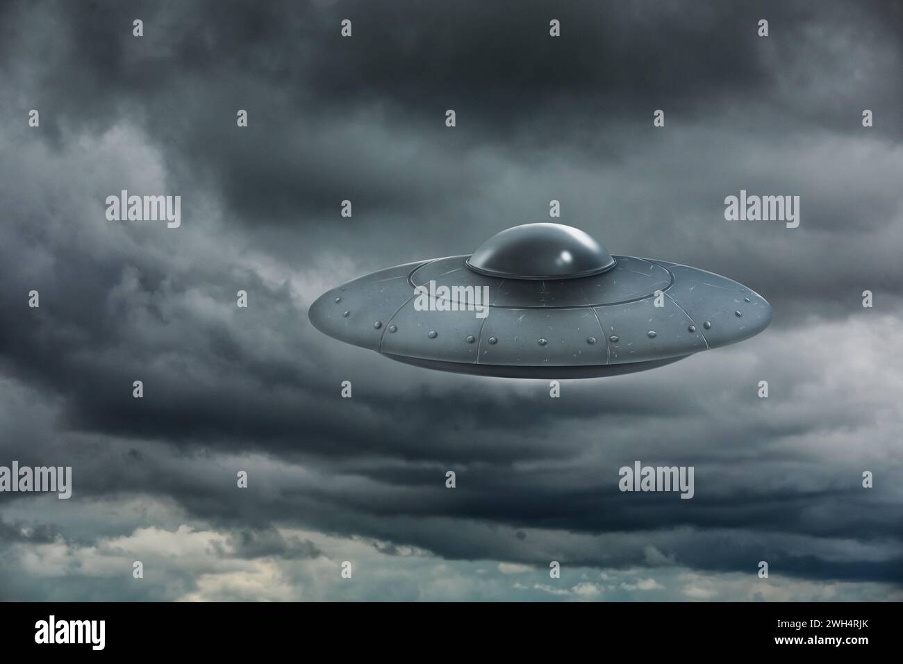 UFO. Alien spaceship among clouds in sky. Extraterrestrial visitors ...