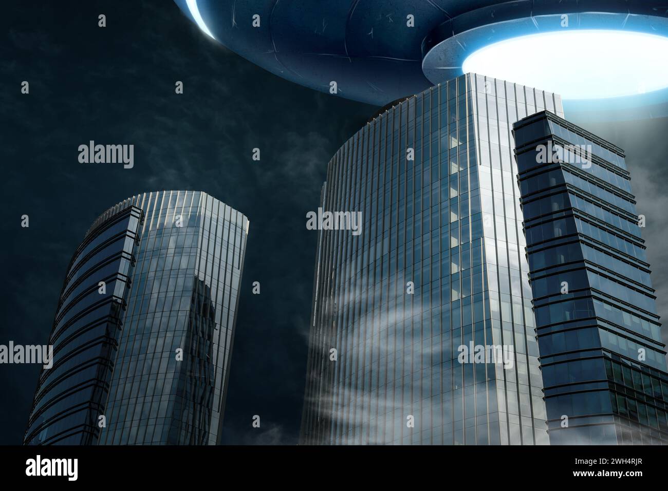 Alien spaceship flying over buildings. UFO, extraterrestrial visitors ...