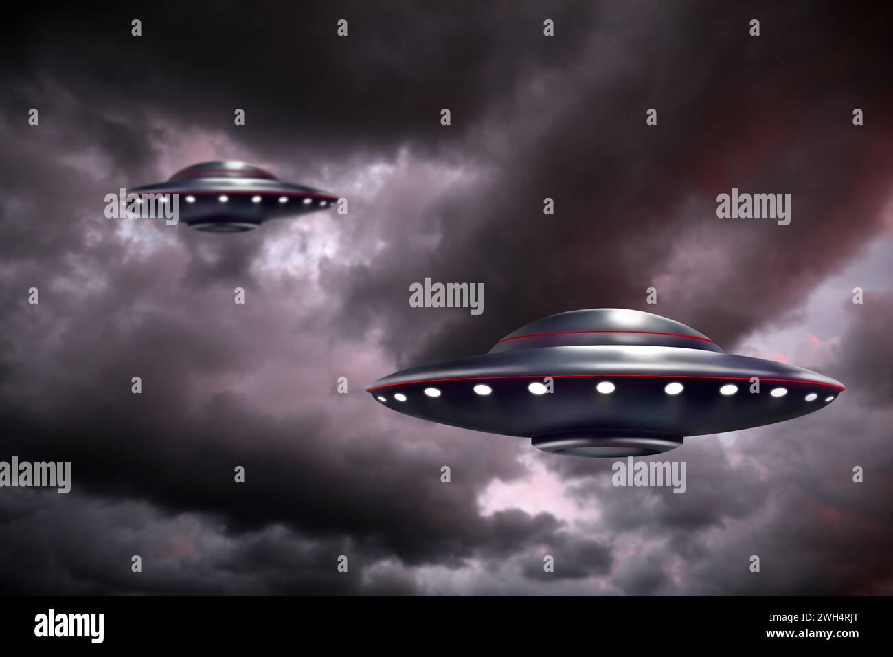 UFO. Alien spaceships among clouds in sky. Extraterrestrial visitors ...