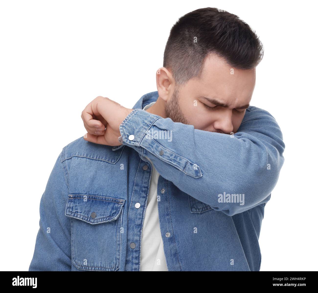 Sick man coughing on white background. Cold symptoms Stock Photo - Alamy