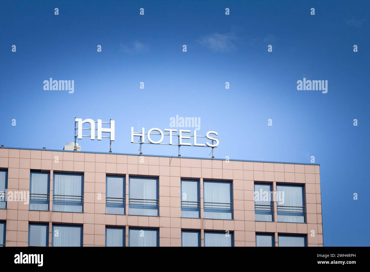 Picture of a sign with the logo of NH hotels in Dortmund, Germany. NH ...