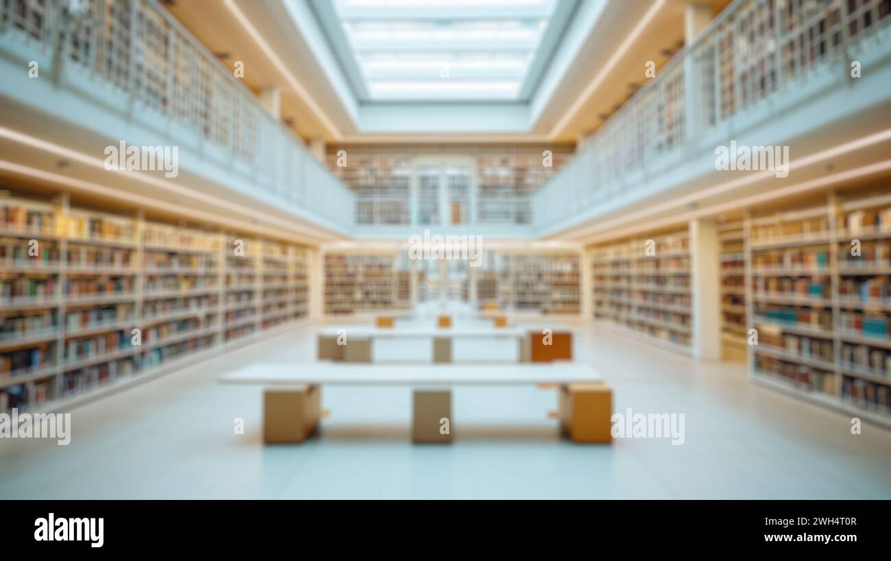 A softly blurred image of a library interior, featuring rows of ...
