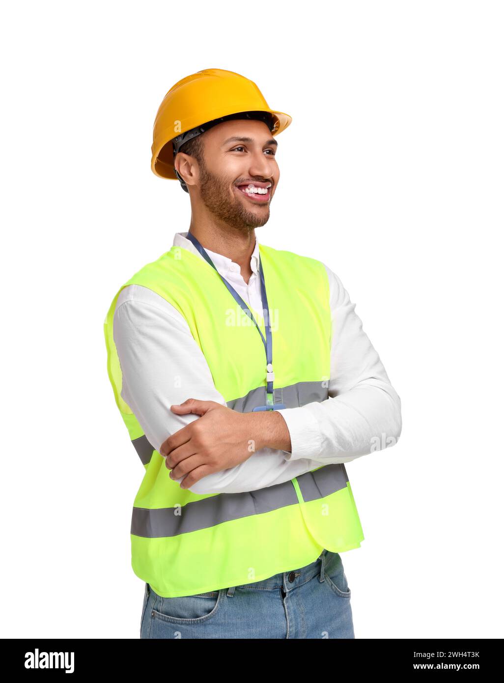 Engineer in hard hat on white background Stock Photo - Alamy