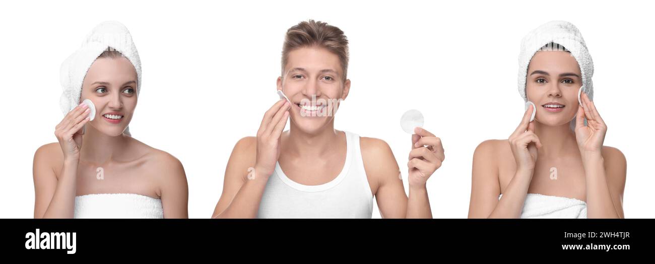 People cleaning faces with cotton pads on white background, set of ...