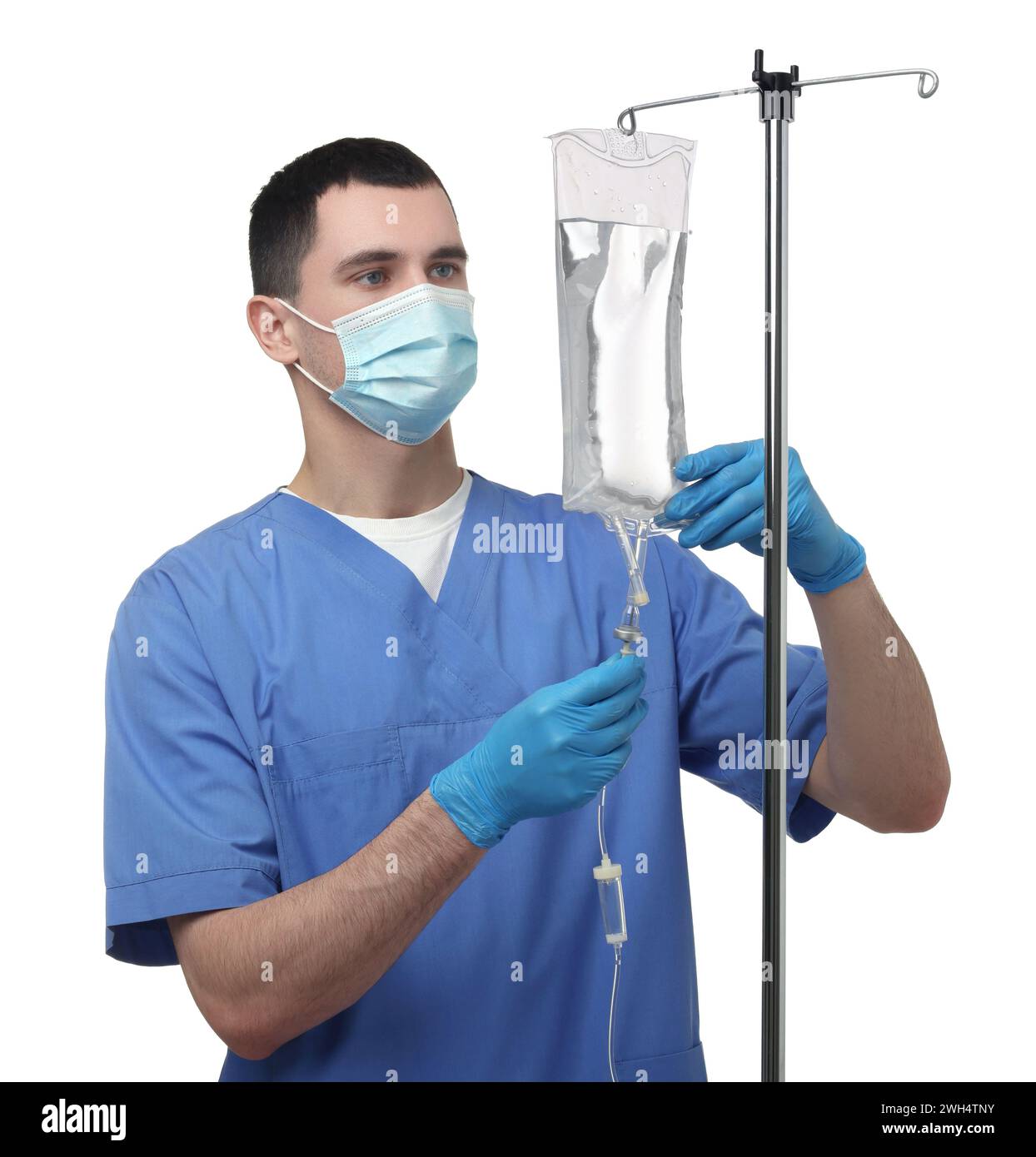 Nurse setting up IV drip on white background Stock Photo - Alamy