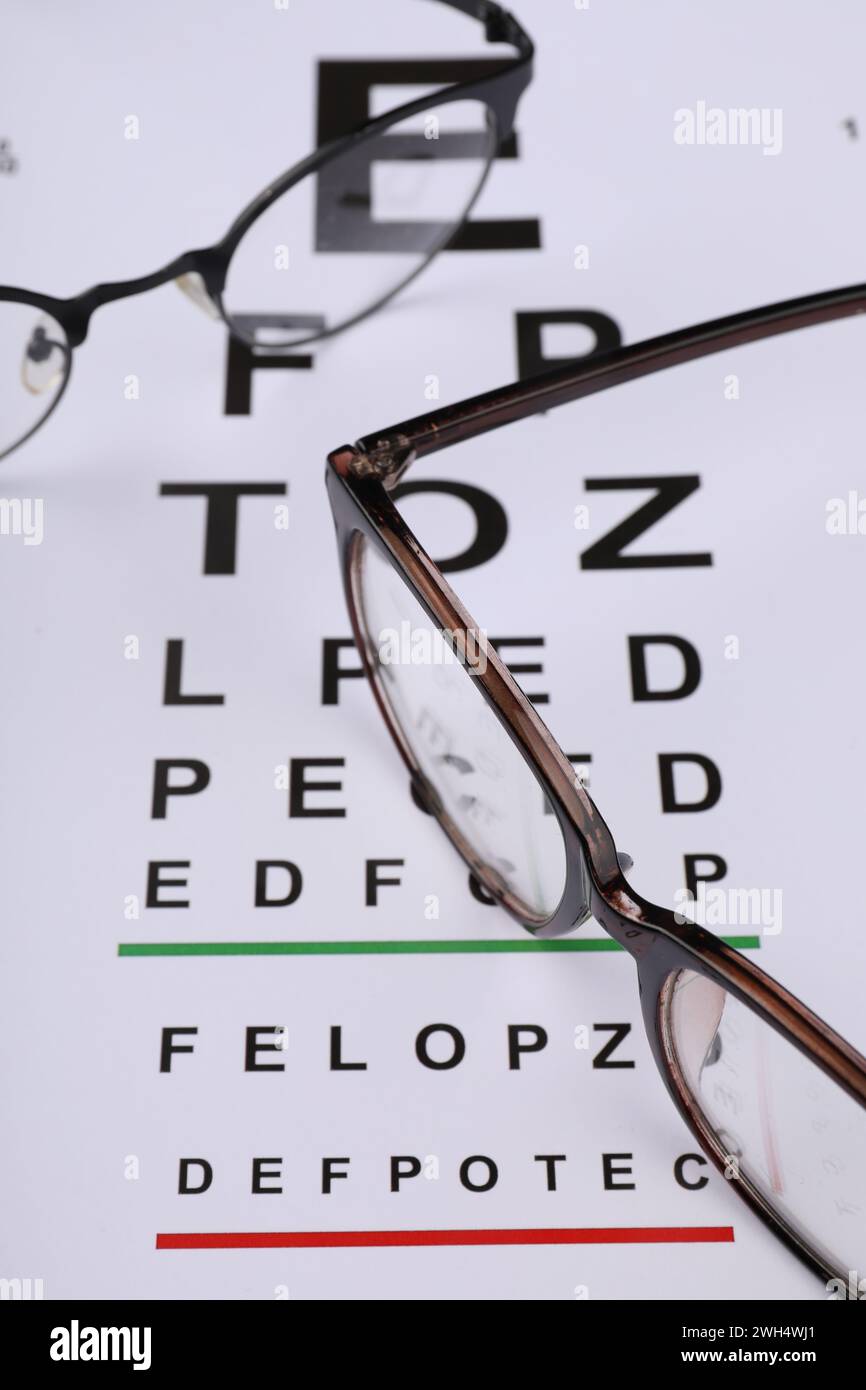 Vision test chart and different glasses, closeup Stock Photo - Alamy