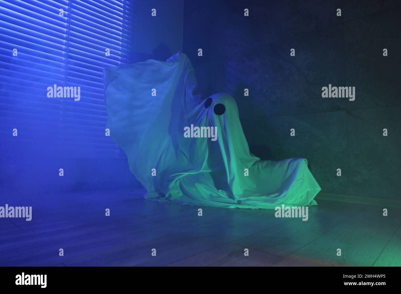 Creepy ghost. Woman covered with sheet near window in blue light Stock ...