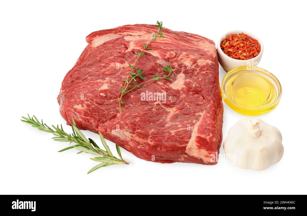 Fresh raw beef cut and products isolated on white, above view Stock ...