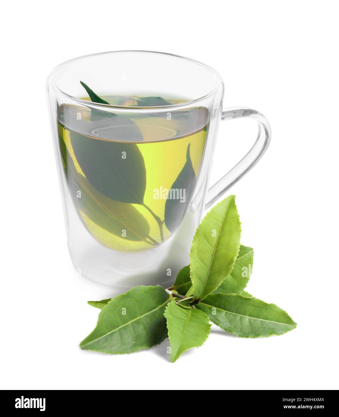 Green tea in glass cup and leaves isolated on white Stock Photo - Alamy