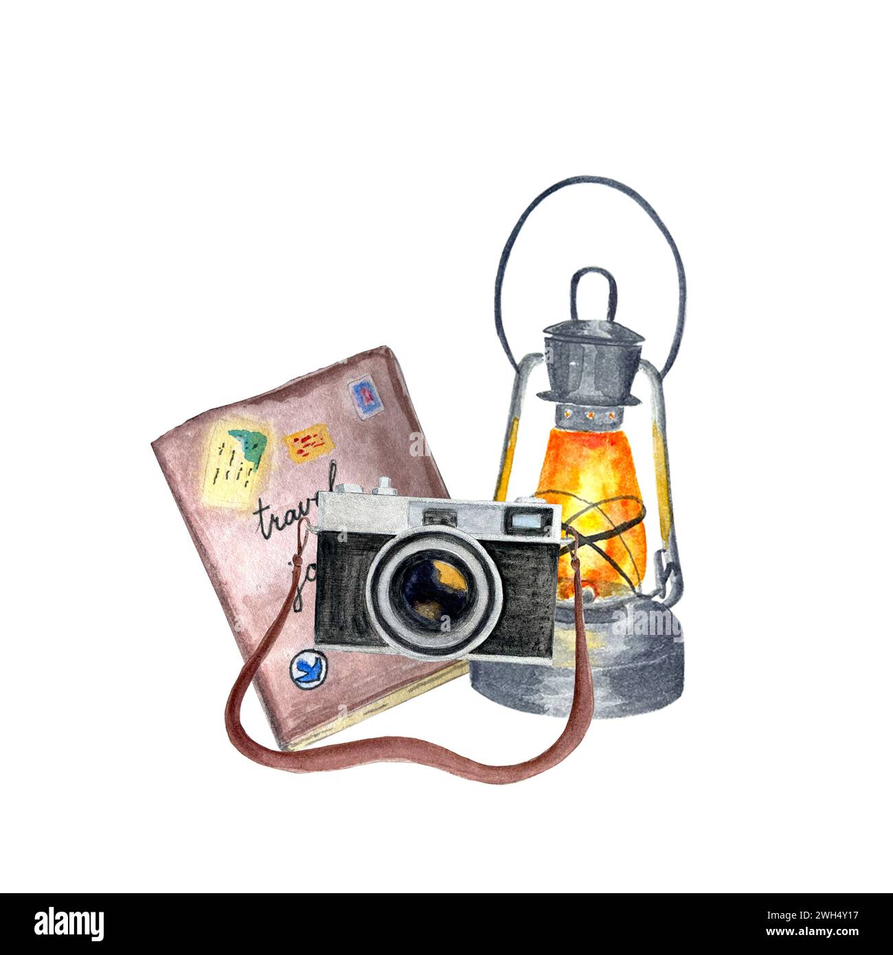 Watercolor vintage camera diary and lantern composition isolated on ...