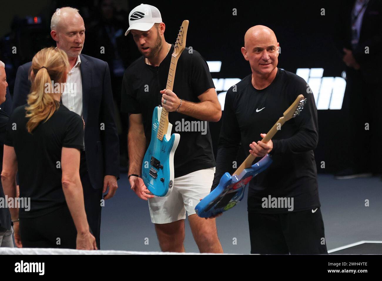 Jack Sock and Andre Agassi enjoy their Pickleball Slam 2 guitars after ...
