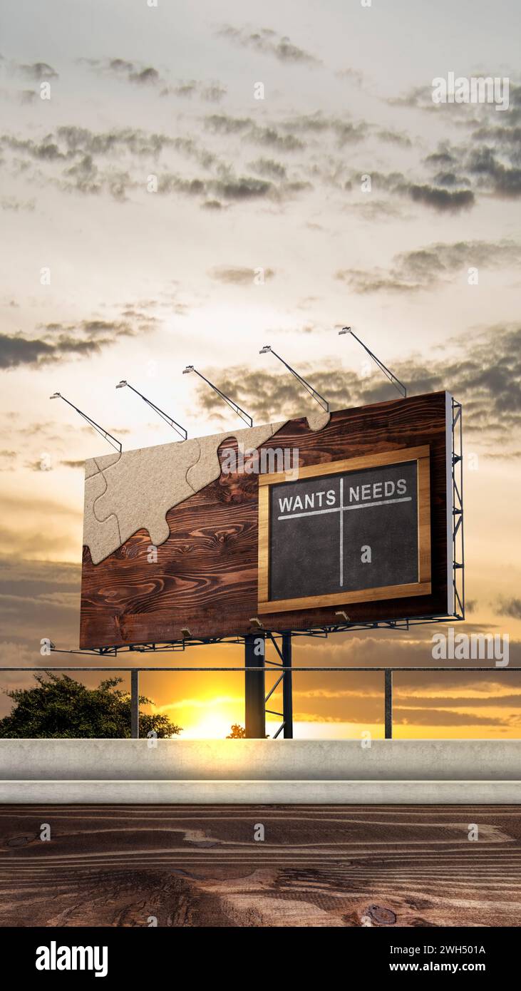 Billboard view of wants and needs table list on the chalkboard. Symbol ...