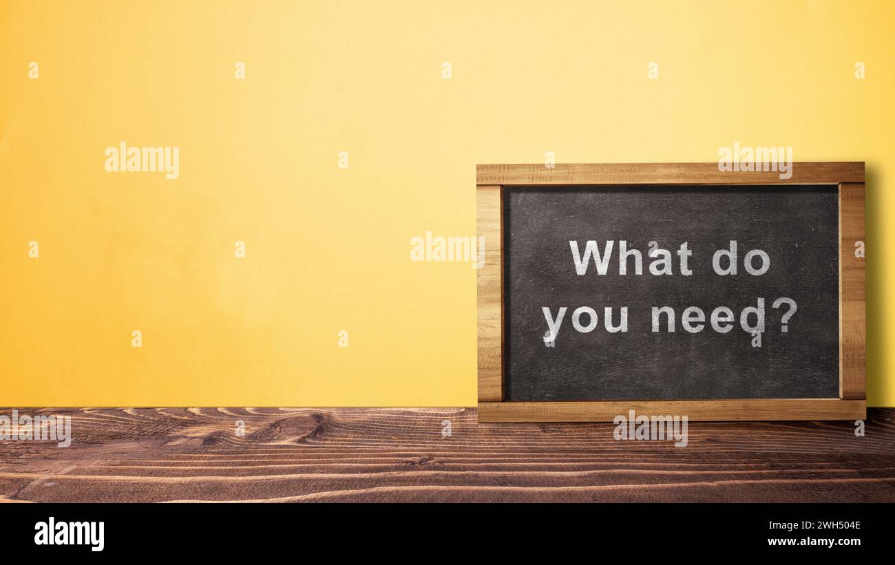 Text of 'What do you need?' on the chalkboard. Symbol of The customer's ...