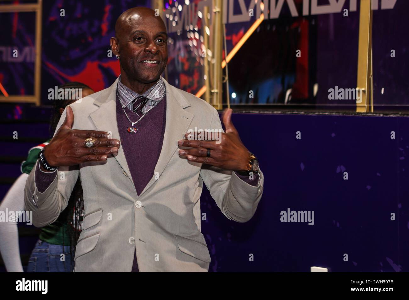 February 07, 2024: NFL Hall of Fame member Jerry Rice arrives at the Super Bowl Experience ...