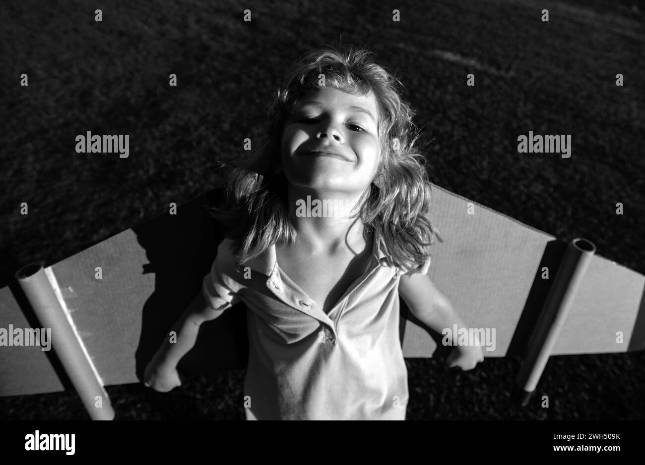 Child playing with toy jetpack. Child pilot astronaut or spaceman ...