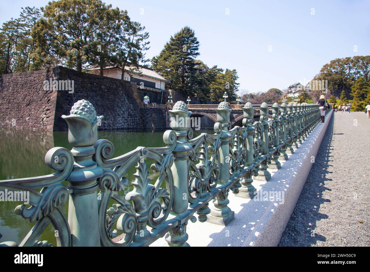 Bronze railings at the road edge leading to the Niju-Bashi bridge at ...