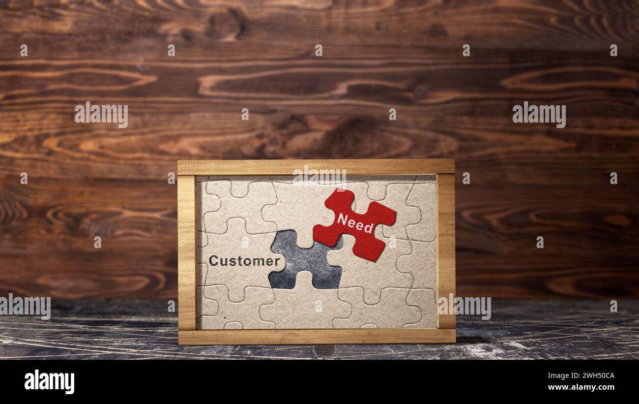 Piece of missing jigsaw puzzle with customer needs text on the ...