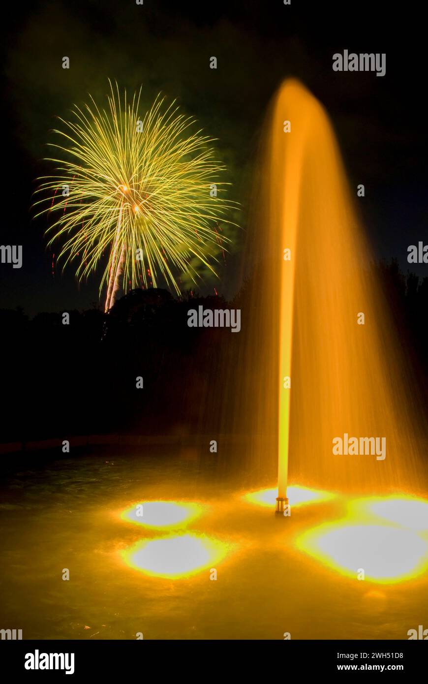 Axis Fountain with July 4th Fireworks, Oregon Garden, Oregon Stock ...
