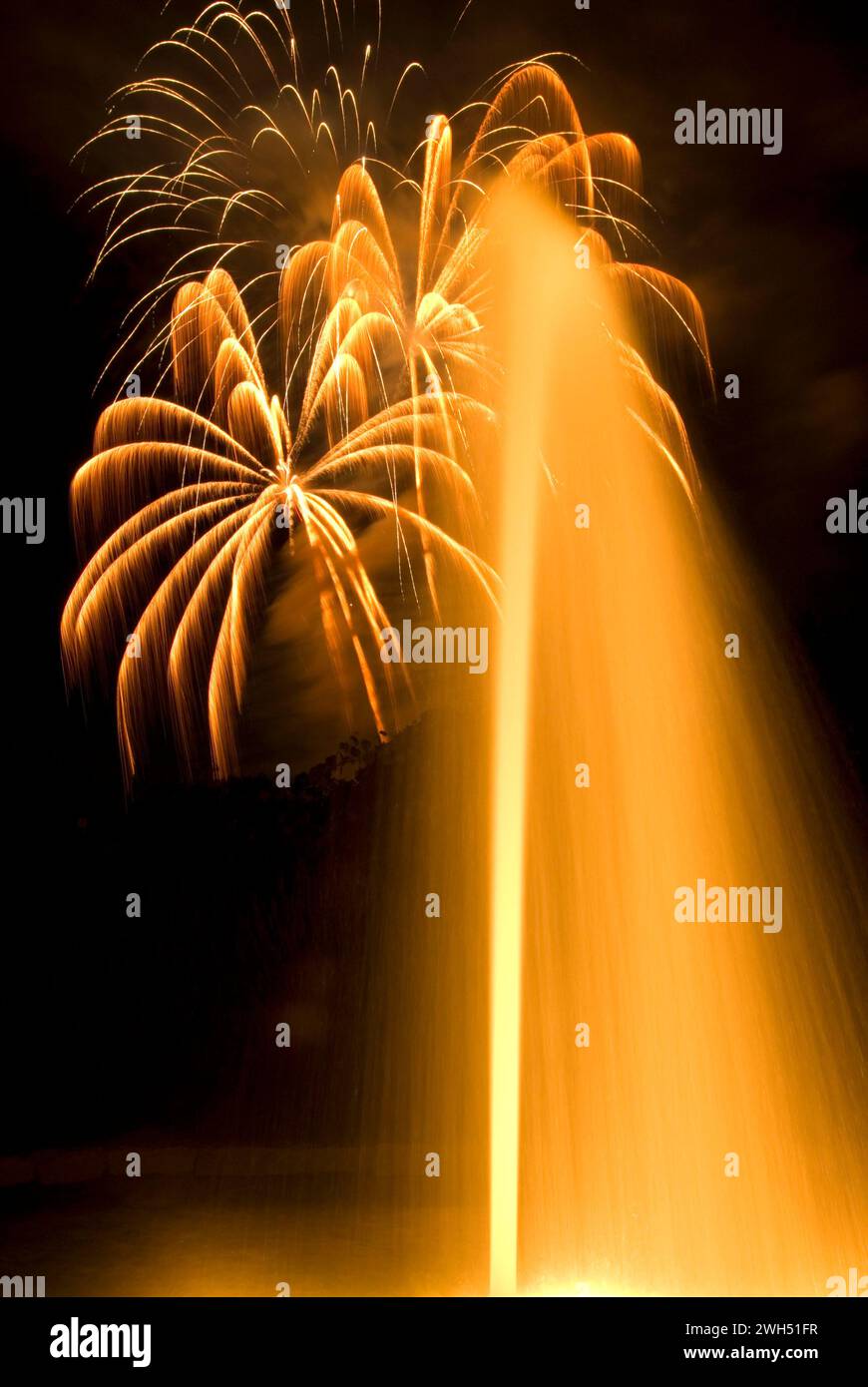 Axis Fountain with July 4th Fireworks, Oregon Garden, Oregon Stock ...