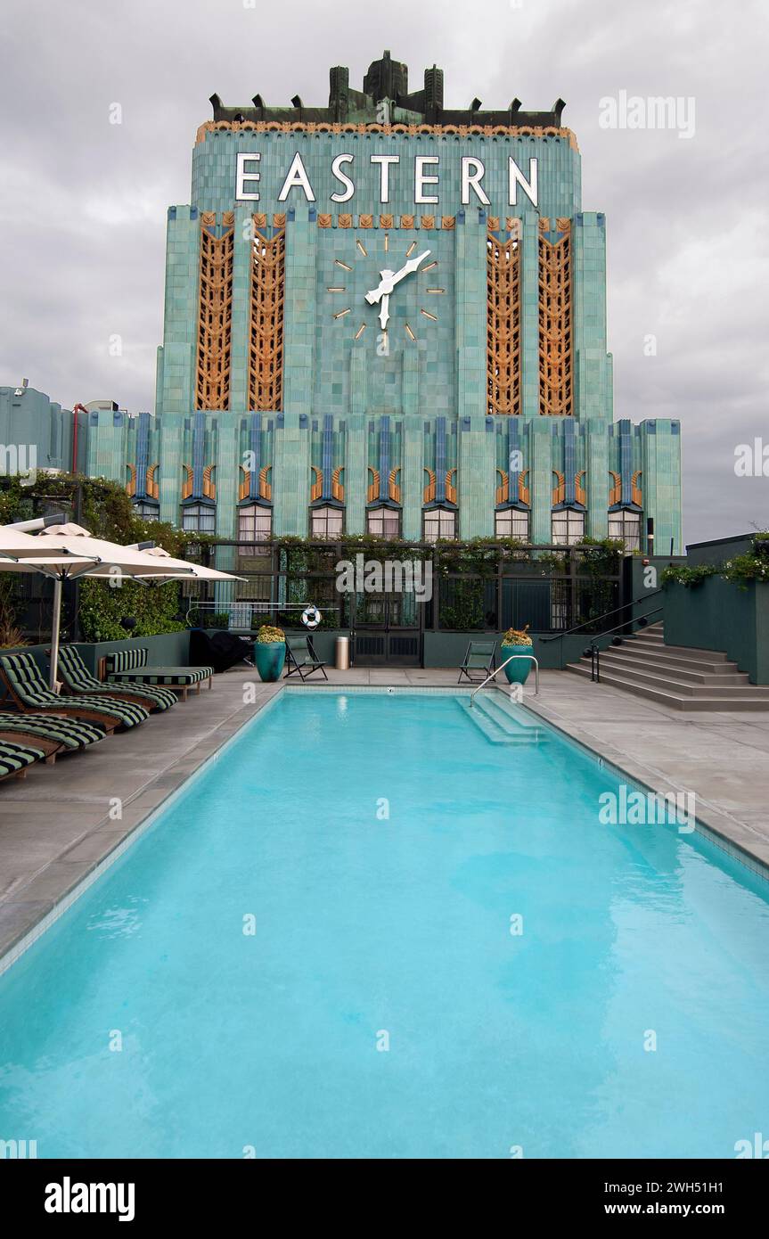 Clock tower and rooftop pool at the historic art deco Eastern building ...
