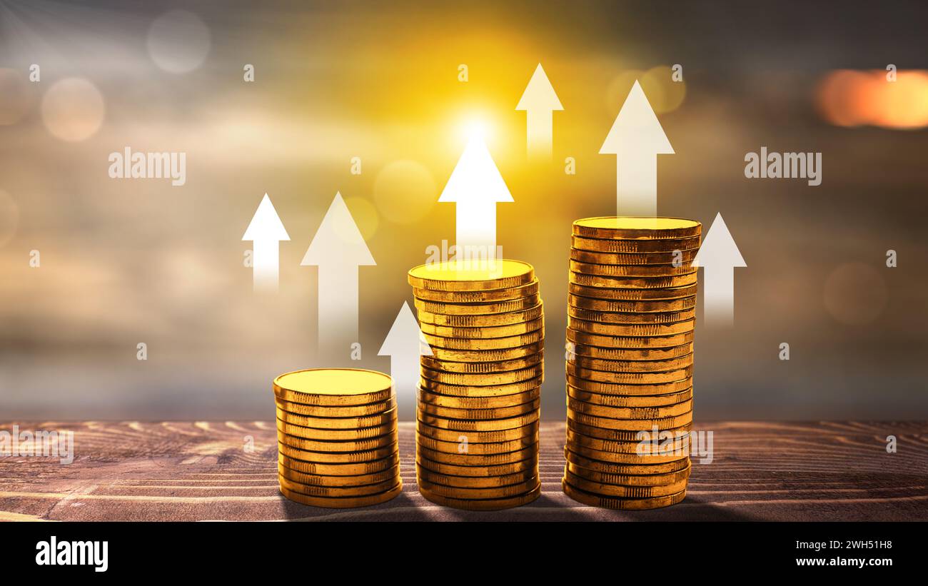 Stair stack of golden coins with increased graph arrow. Investment ...