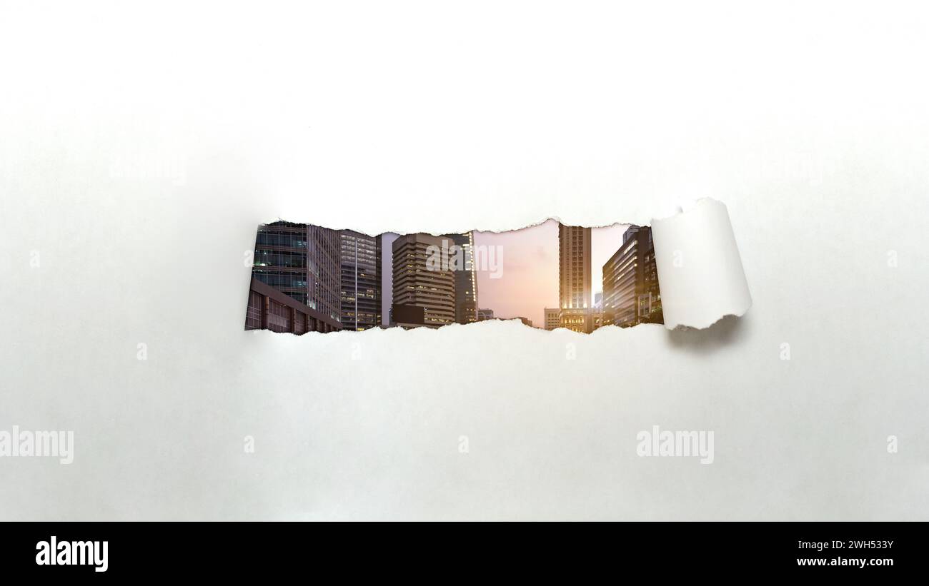 Ripped paper with an outdoor view. Leave the comfort zone. Concept of ...