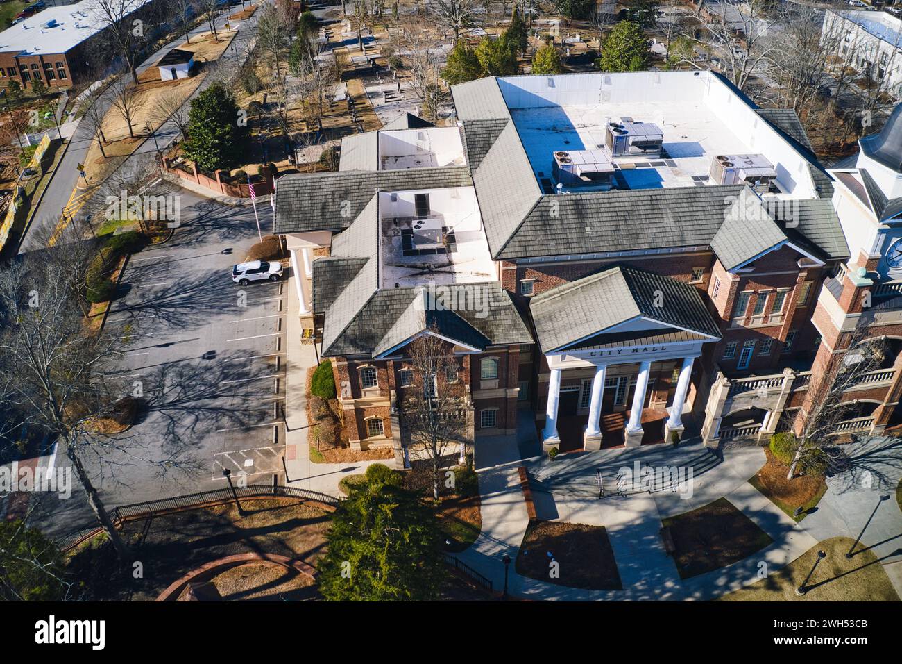 Aerial panoramic view of Duluth City Hall and Town Greene in downtown ...