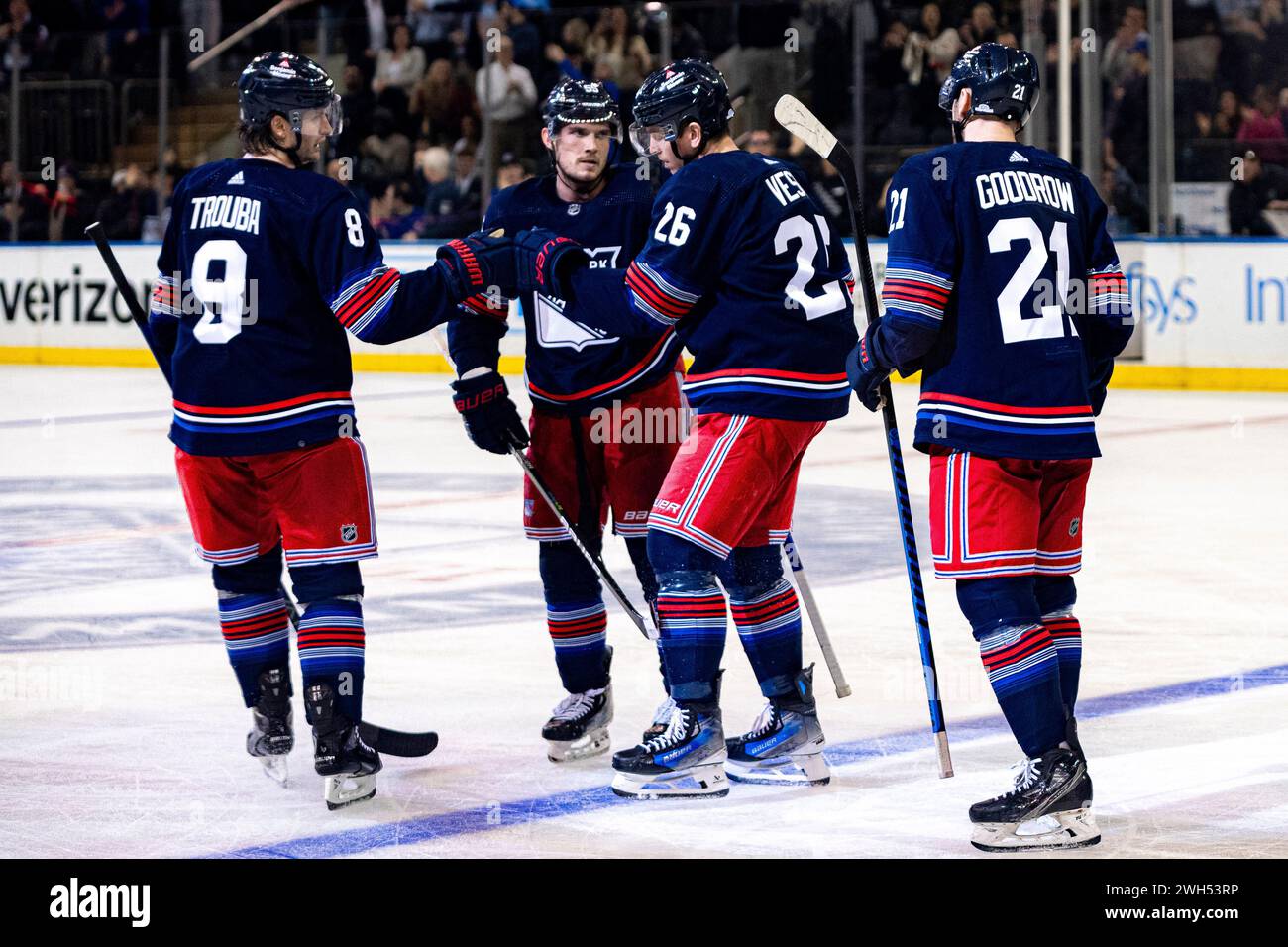 New York Rangers left wing Jimmy Vesey (26) is congratulated by ...