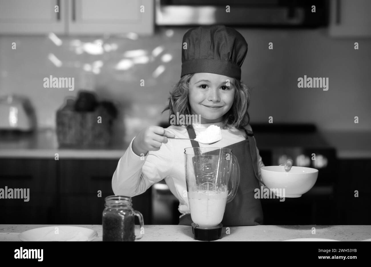 Child chef cooking meal. Child making tasty delicious. little boy in ...